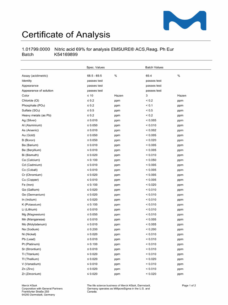 Certificate Nitric Merck | PDF
