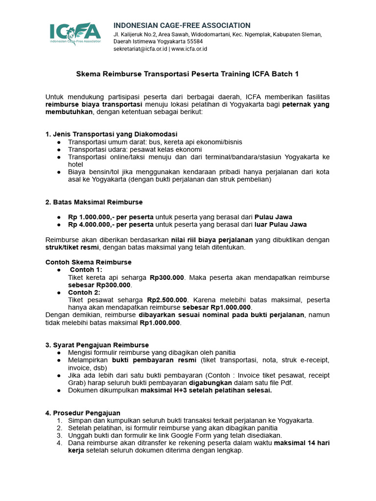 Skema Reimburse Transportasi Peserta Training ICFA Batch 1 | PDF