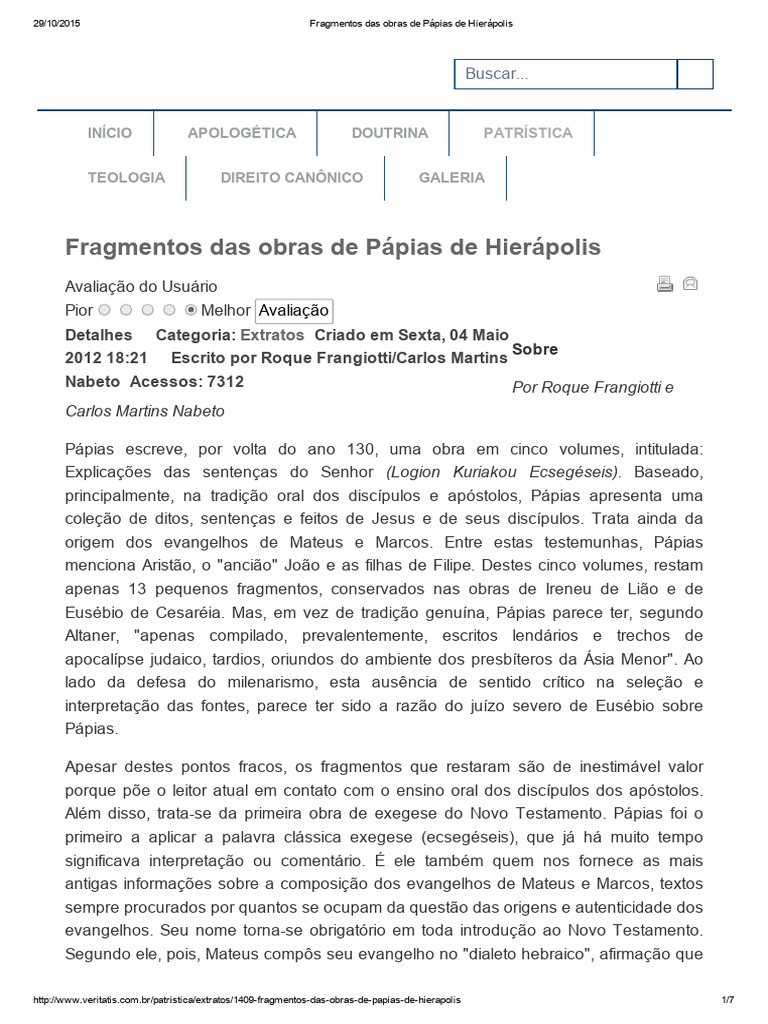 Fragmentos das Obras de Pápias | PDF | João, o Apóstolo | São Pedro