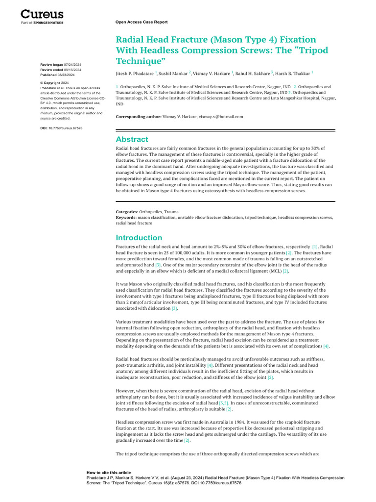 Radial Head Fracture (Mason Type 4) Fixation | PDF | Elbow | Anatomical ...