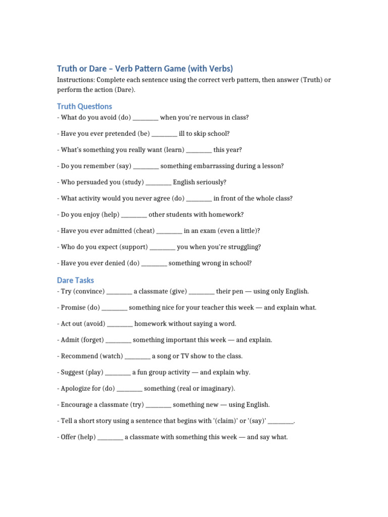 Verb Pattern Truth or Dare With Verbs | PDF