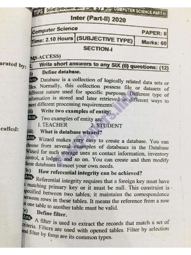 2nd Year Computer Past Paper 2020 Subjective | PDF
