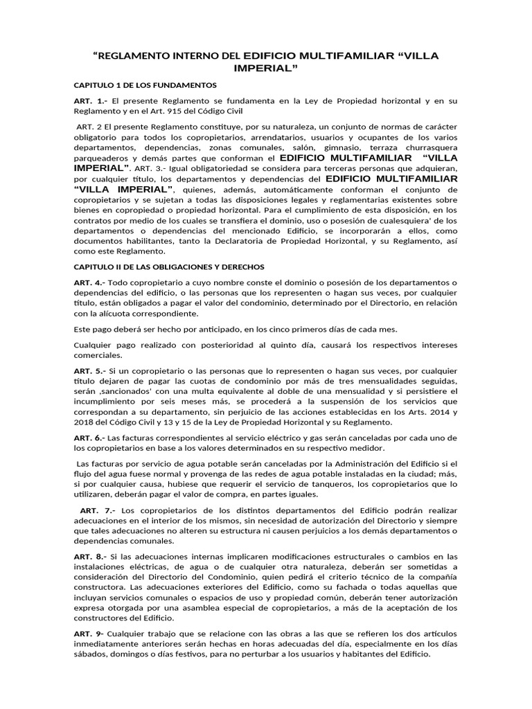 Reglamento Interno Del Condominio Del Edificio Multifamilar Villa Imperial | PDF | Condominio ...
