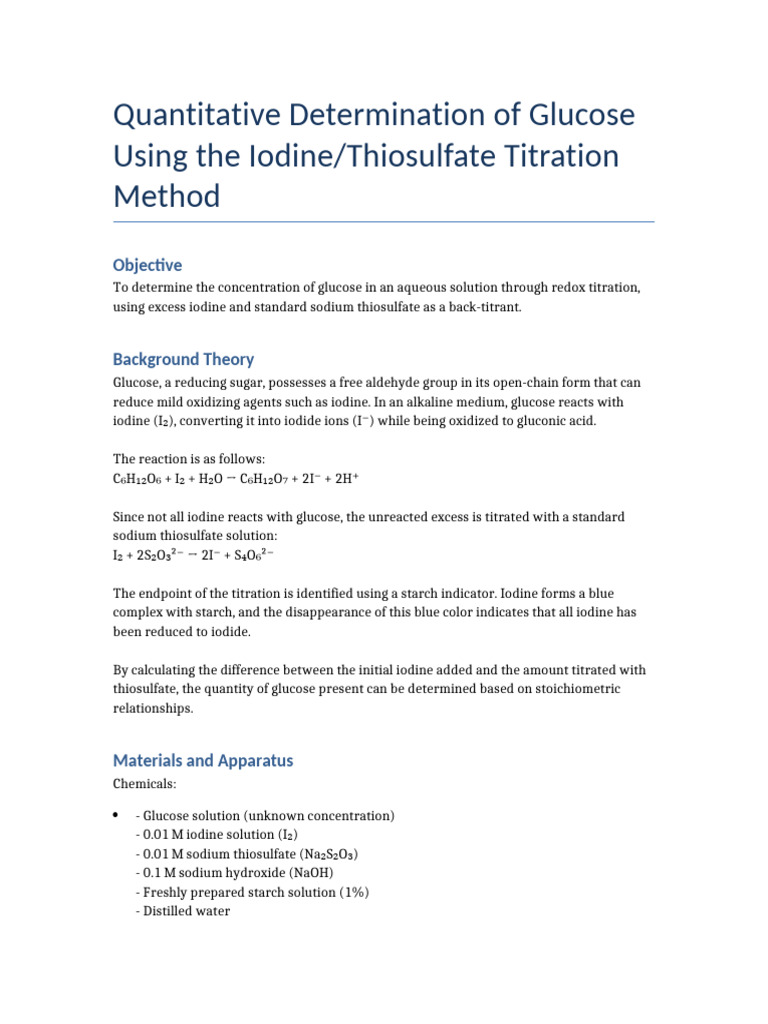 Iodine Thiosulfate Titration Glucose Report | PDF | Titration | Chemistry