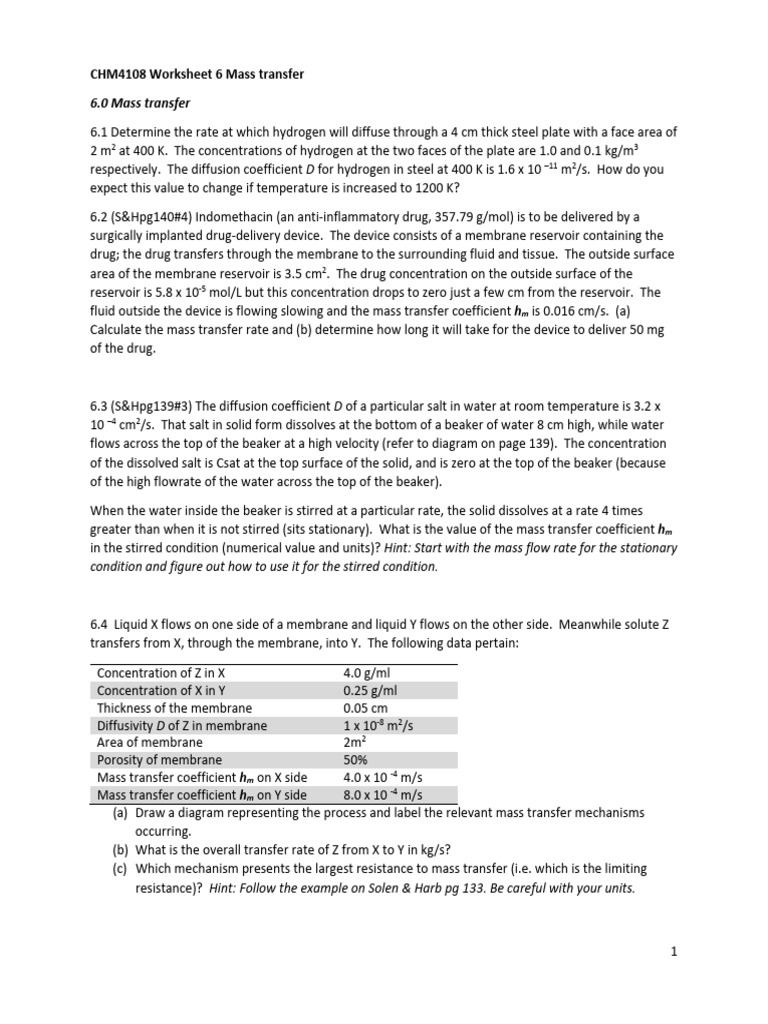 CHM4108 Worksheet 6 Mass Transfer | PDF | Diffusion | Concentration