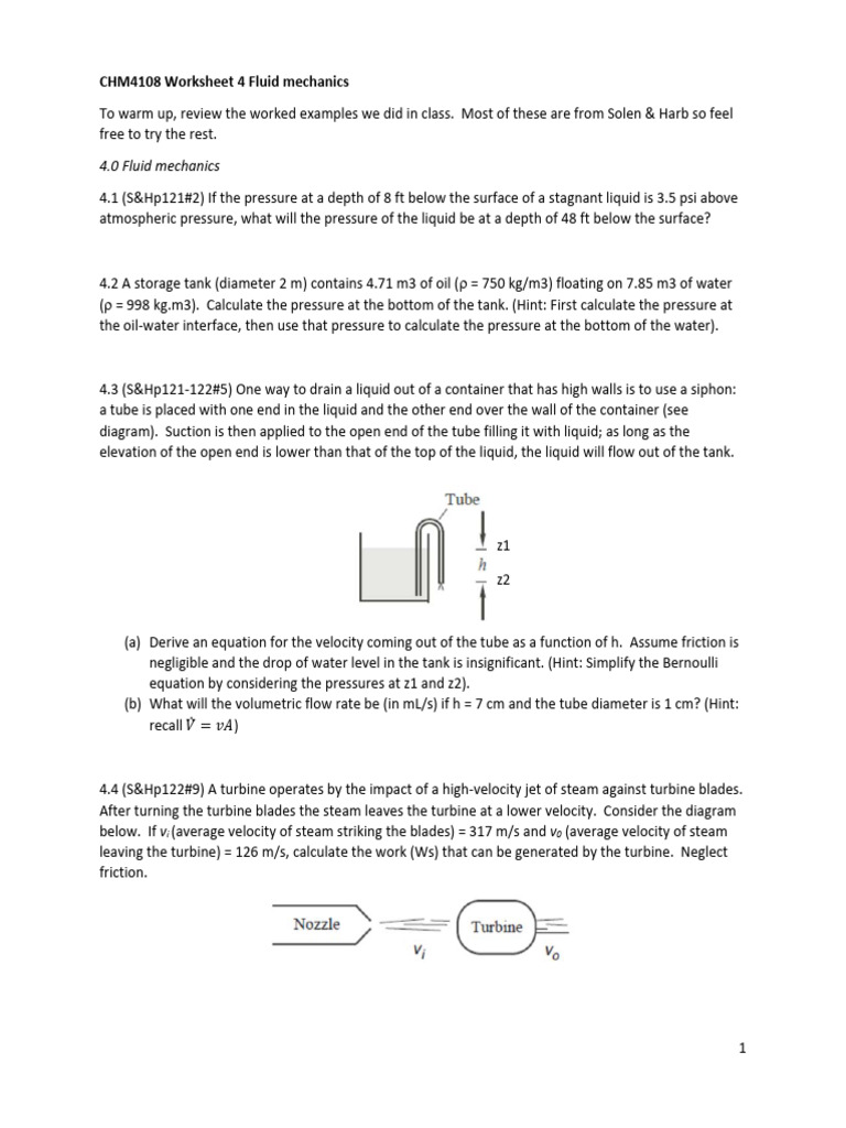 CHM4108 Worksheet 4 Fluid Mechanics | PDF | Pressure | Turbine