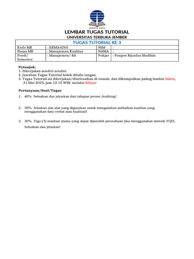 Soal TT 3 Mnj Kualitas 8 | PDF