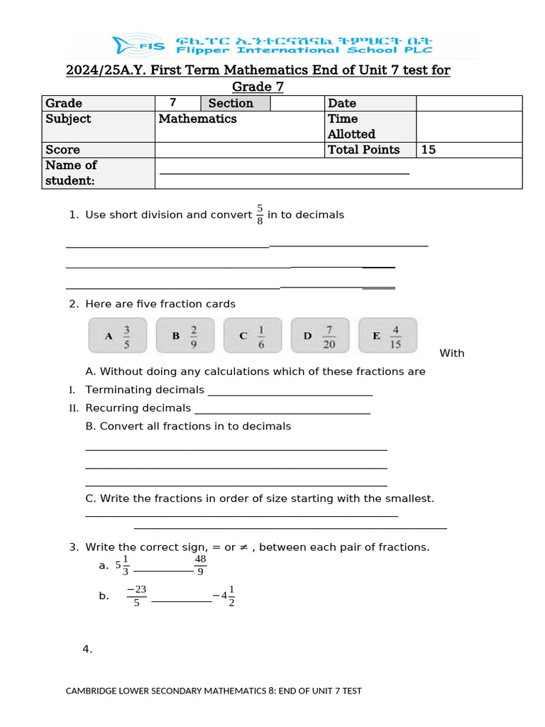 G7 Math End of Unit-7 Test | PDF