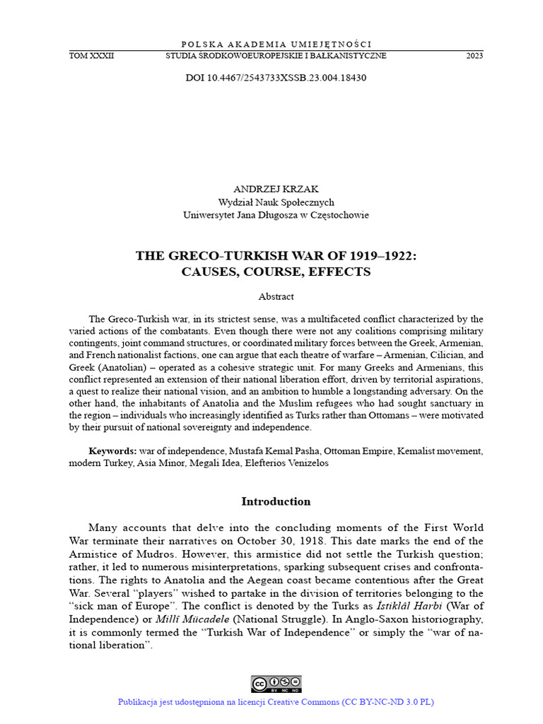 The Greco-Turkish War of 1919-1922 Causes Course E | PDF