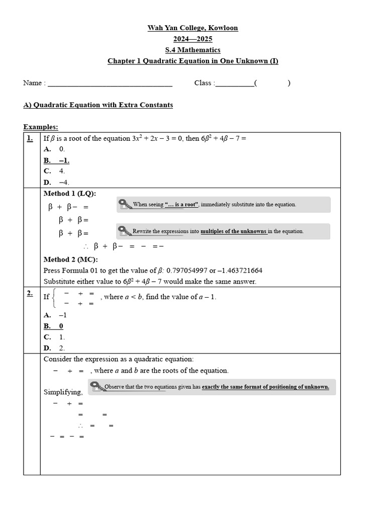 S4 - Chapter 1 - A - Extra Variables in Quadratic Equation in One ...