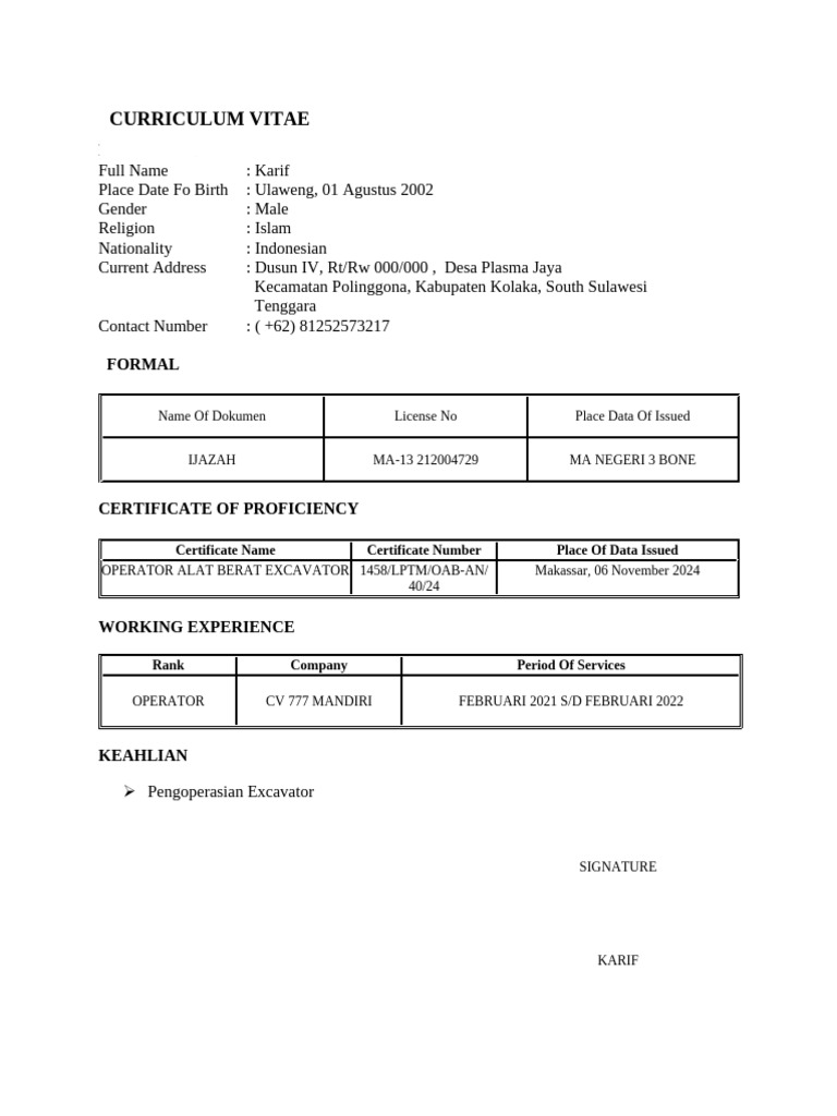 Curriculum Vitae Fix Fix Karif | PDF