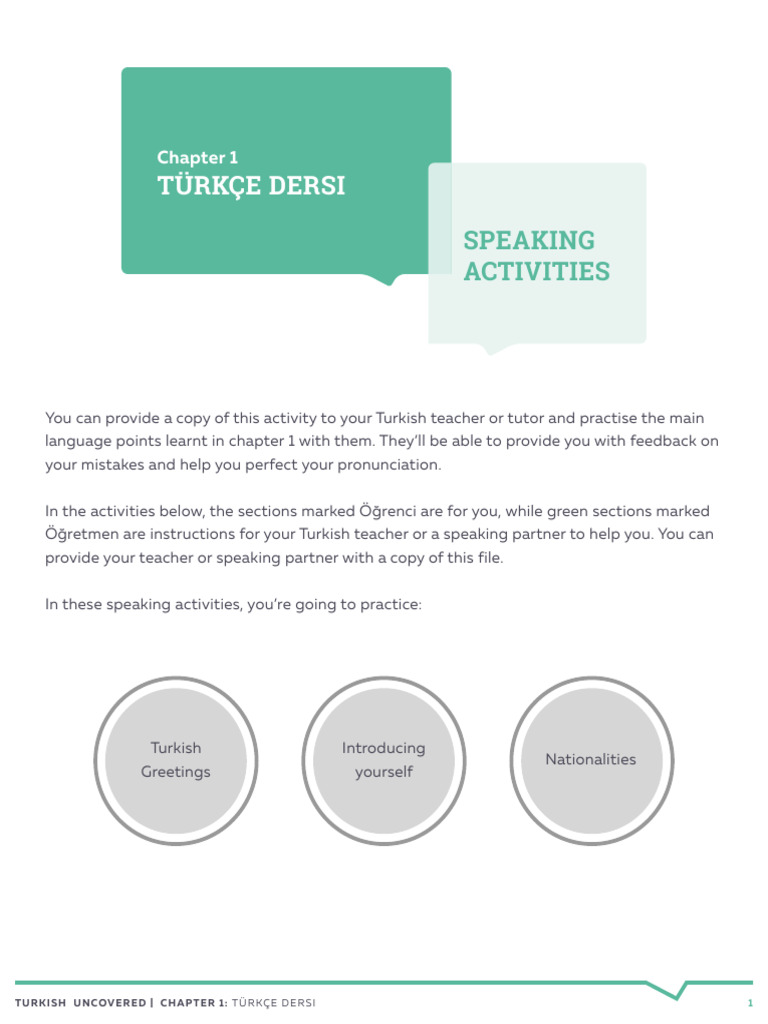 Turkish Speaking Activities Chapter 1 | PDF