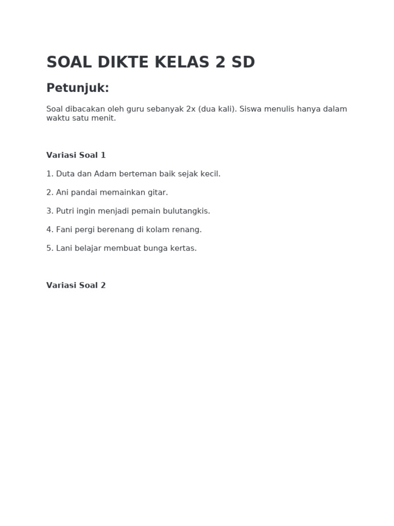 Soal Dikte Kelas 2 SD Sederhana | PDF