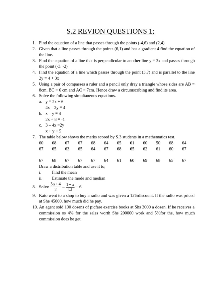 S.2 Maths Revision Exercise 1 | PDF