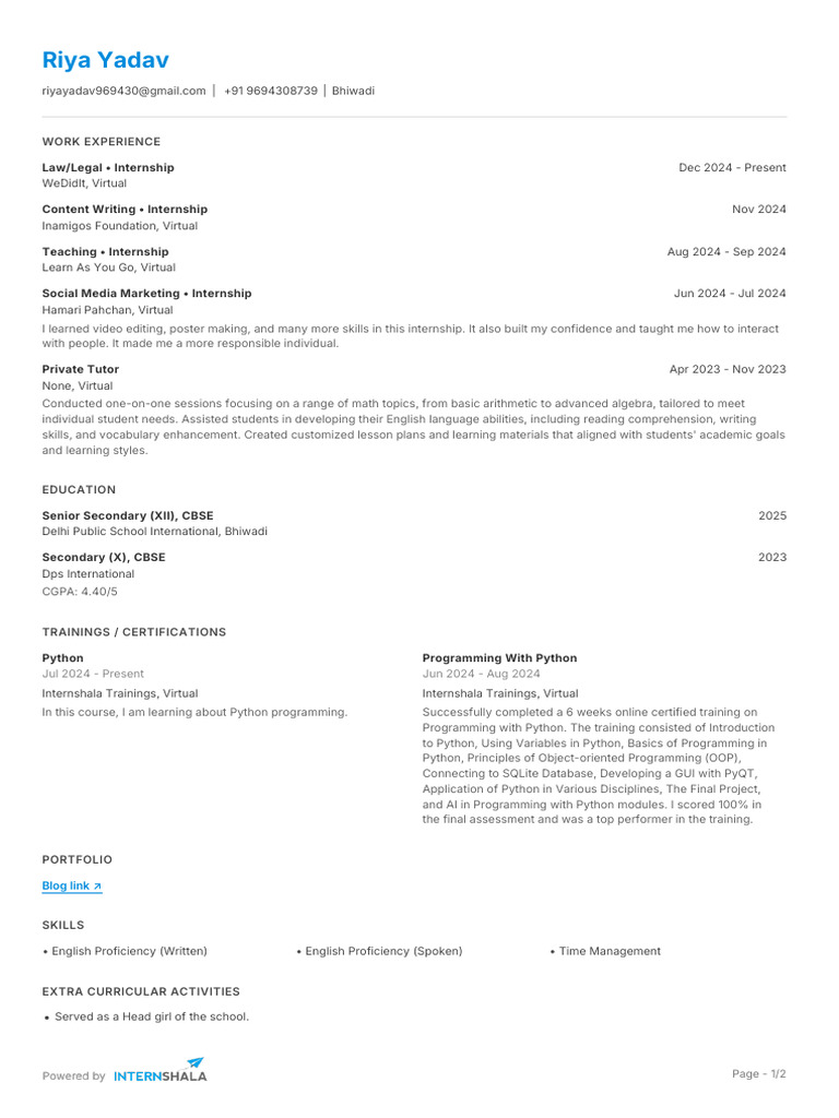 RiyaYadav InternshalaResume | PDF | Python (Programming Language) | Learning