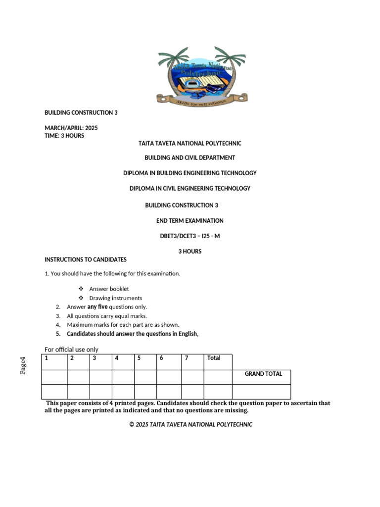 2025 End Term One Dbet3 and Dcet3 - j25 - M G.B.C. 3 Examination | PDF | Wall | Stairs