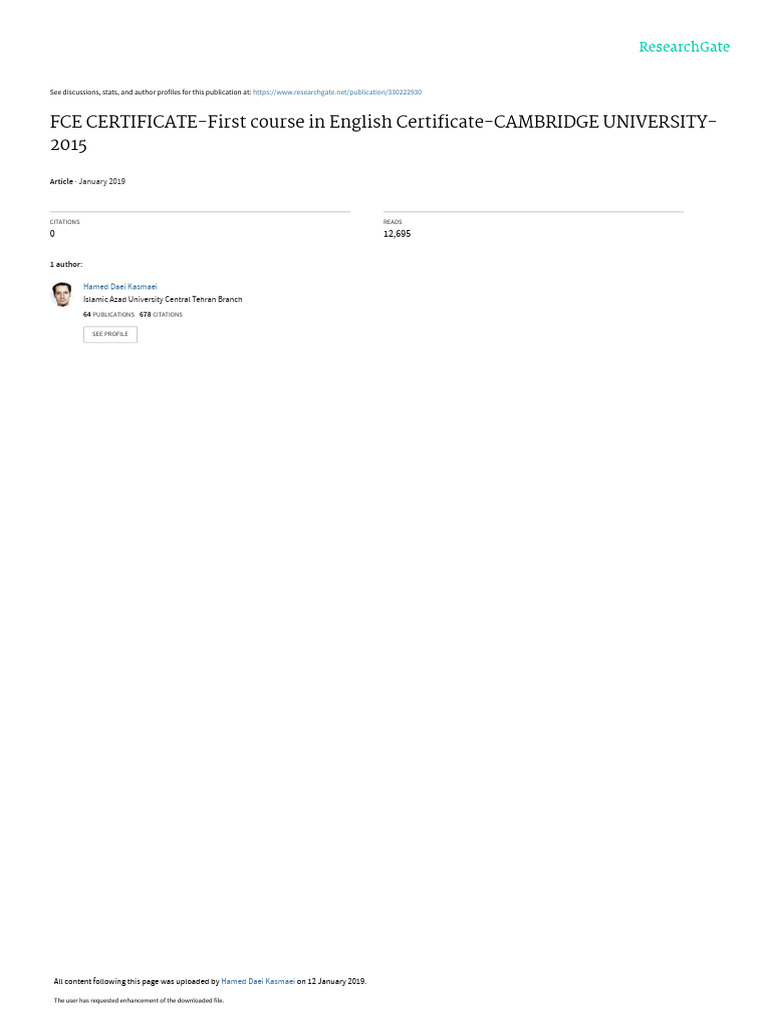 FCE CERTIFICATE-First Course in English Certificate-CAMBRIDGE UNIVERSITY-2015 | PDF