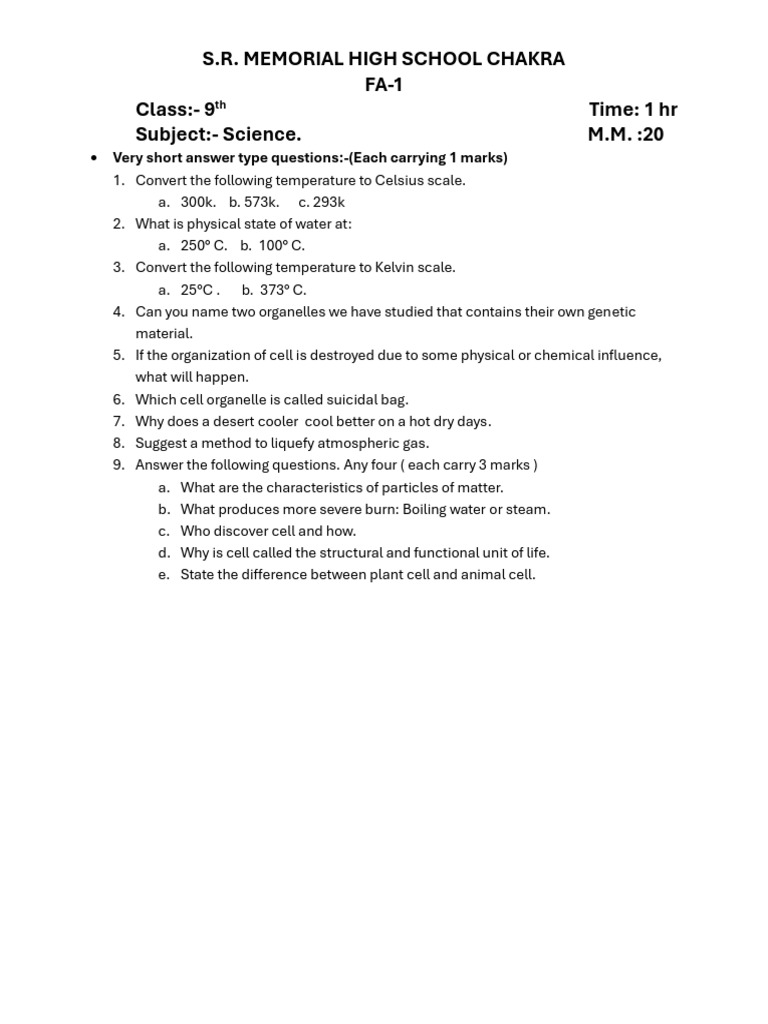 Class 9th Exam Paper Science | PDF