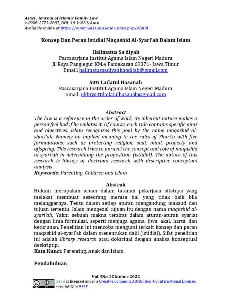 Konsep Dan Peran Istidlal Maqashid Al-Syari'ah Dalam Islam Halimatus Sa'diyah | PDF