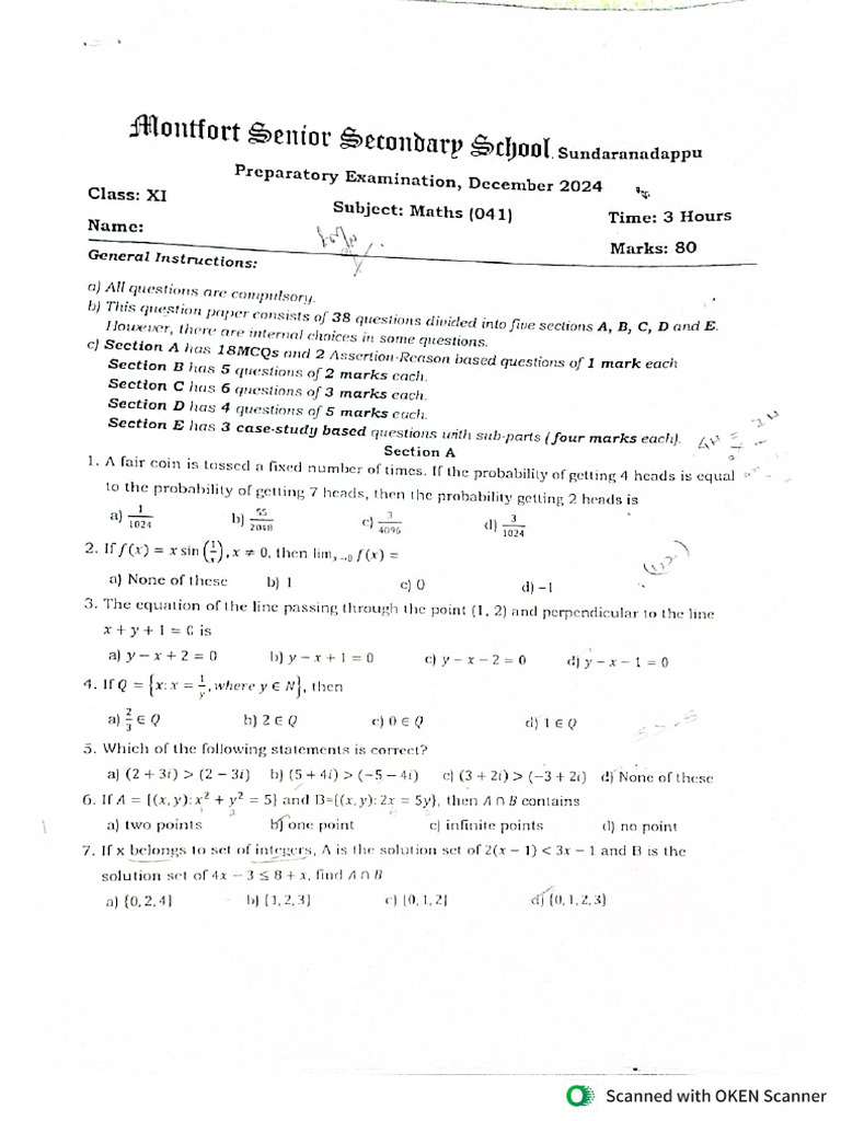 Class 11 Question Paper (Preparatory) | PDF