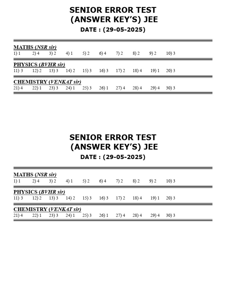 Answerkey+Solution Error Test JEE (29.05.25) | PDF | Mathematics