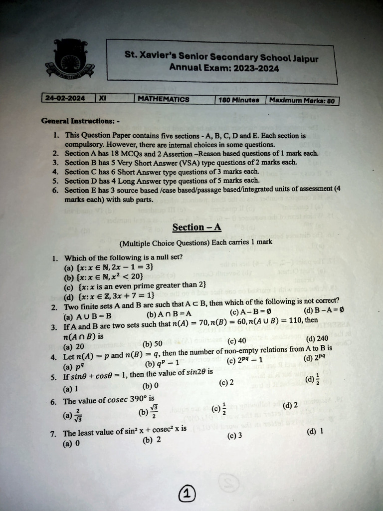 St. Xavier's Math Exam Paper 2024 | PDF | Student Assessment And ...
