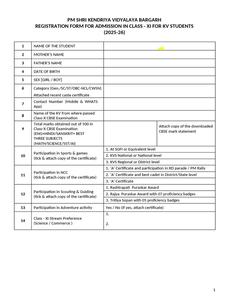 Class Xi Registration Form 2025-2026 | PDF