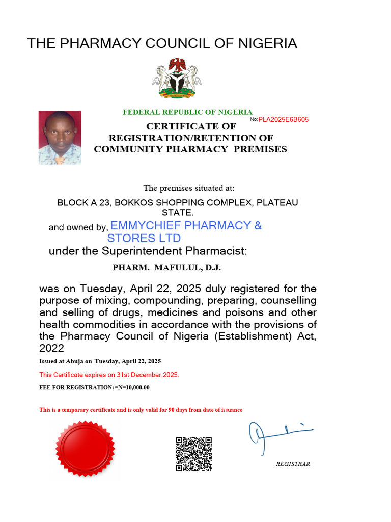 Community Pharmacy Registration Certificate | PDF