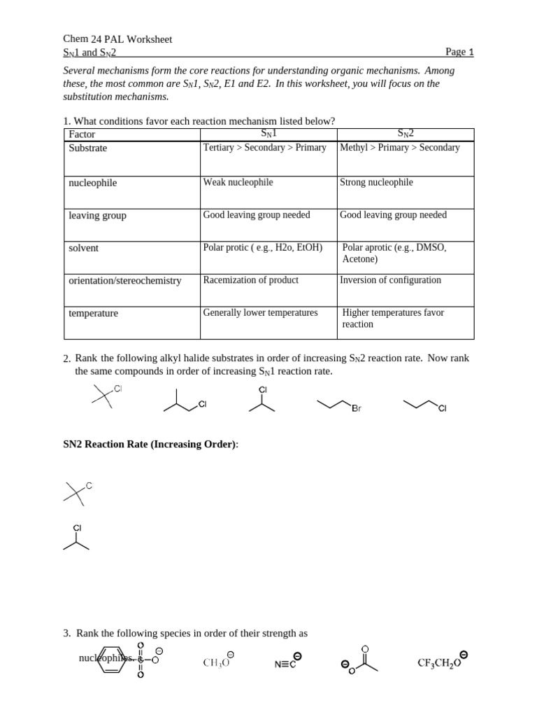 Chem 24 Pal Worksheet Sn1 and Sn2 | PDF | Chemical Kinetics | Physical ...