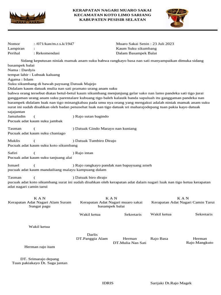 Kerapatan Adat Nagari Muaro Sakai Koto Limo Sariang | PDF