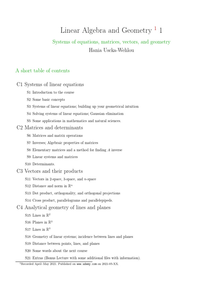 Outline Linear Algebra and Geometry 1 | PDF | Matrix (Mathematics ...