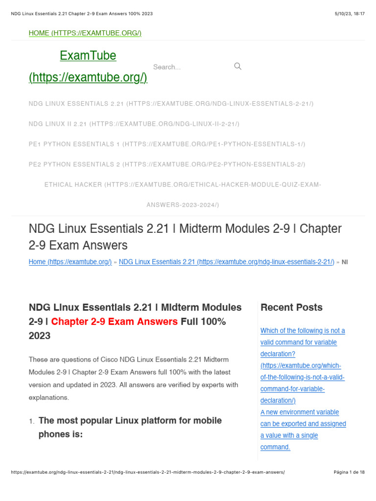 NDG Linux Essentials 2.21 Chapter 2-9 Exam Answers 100% 2023 | PDF | World Wide Web | Internet & Web