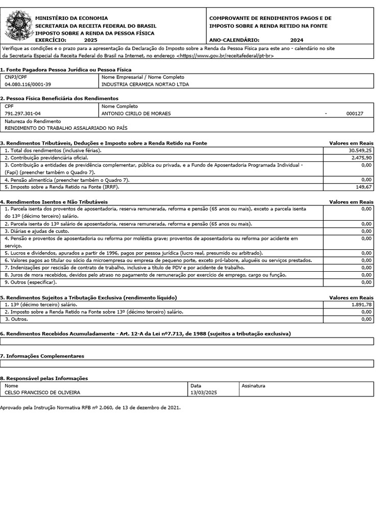 Comprovante de Rendimentos 2024 | PDF | Imposto de Renda | Renda