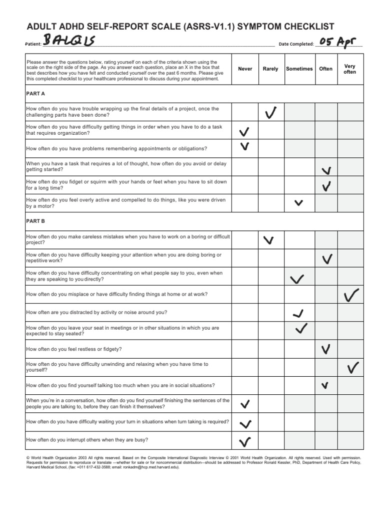 Adult ADHD Self-Report Scale Checklist | PDF | Attention Deficit ...