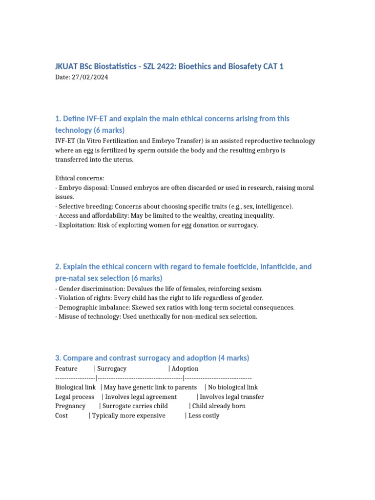 JKUAT Bioethics CAT1 Answers | PDF | Surrogacy | Human Reproduction