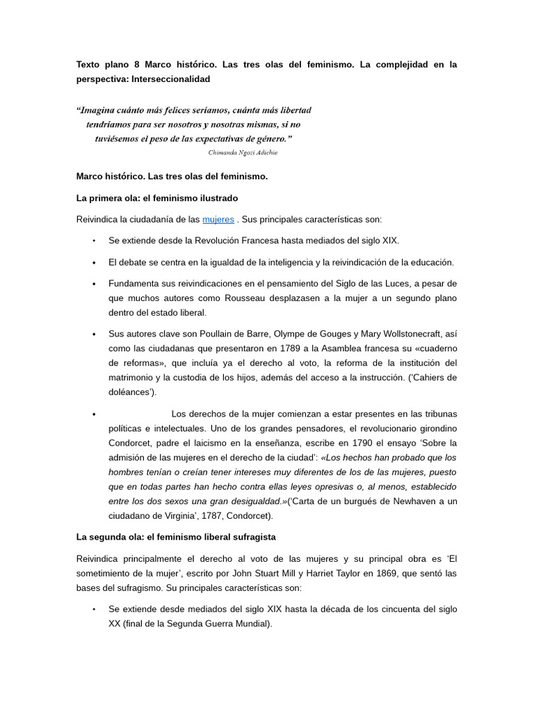 Texto Plano 8 Marco Historico. Las Tres Olas Del Feminismo. La Complejidad en La Perspectiva ...