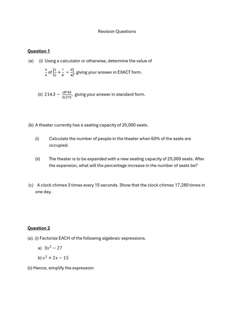 Math Revision Questions and Solutions | PDF | Numbers | Algebra