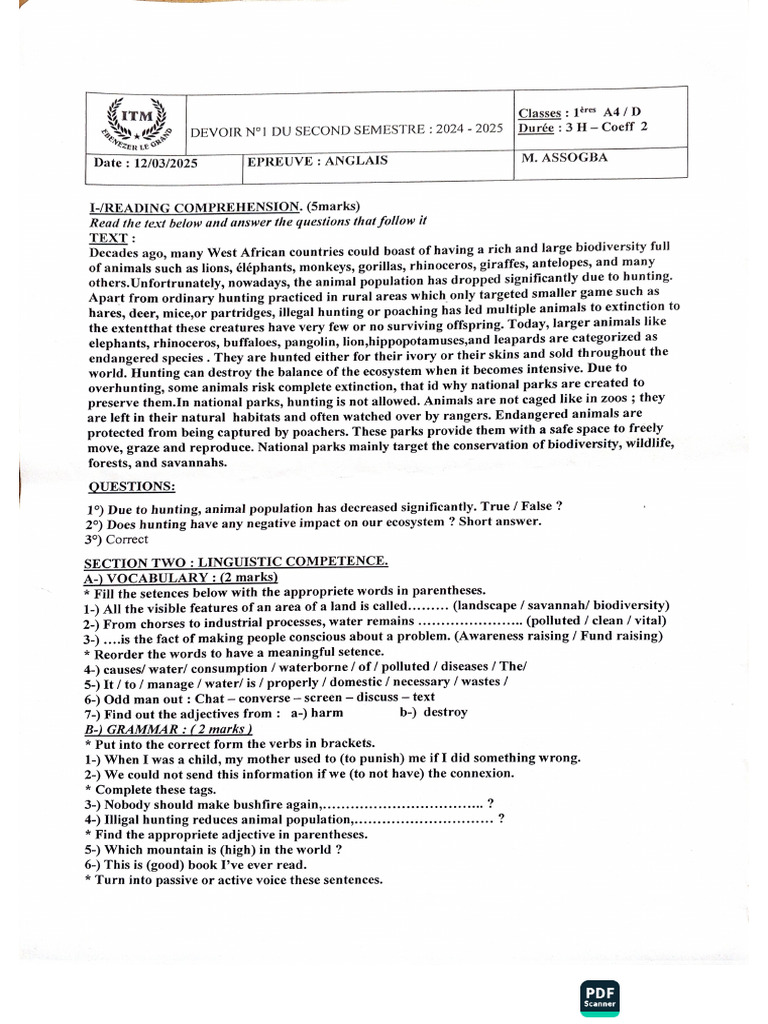 1ere ACD Devoir 2e Sem | PDF