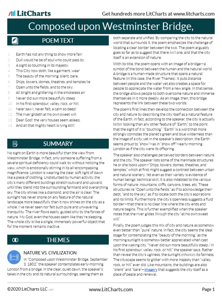 LitCharts Composed Upon Westminster Bridge September 3 1802 | PDF | Poetics