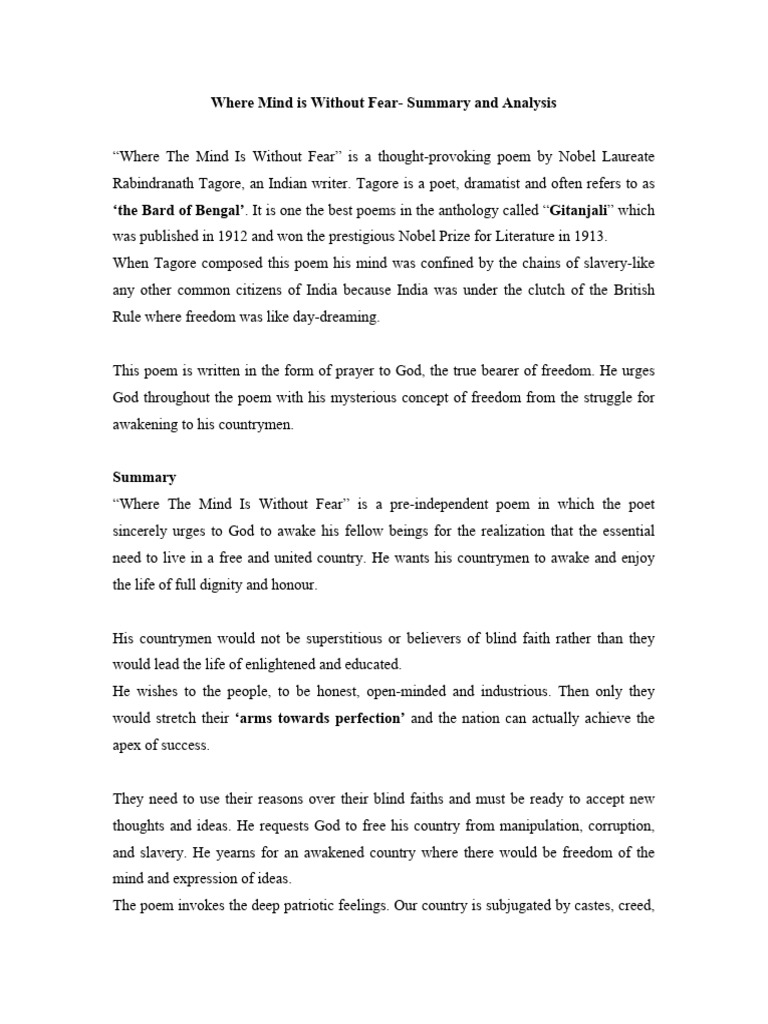 Summary of Tagore's "Where Mind is Without Fear" | PDF | Rabindranath ...