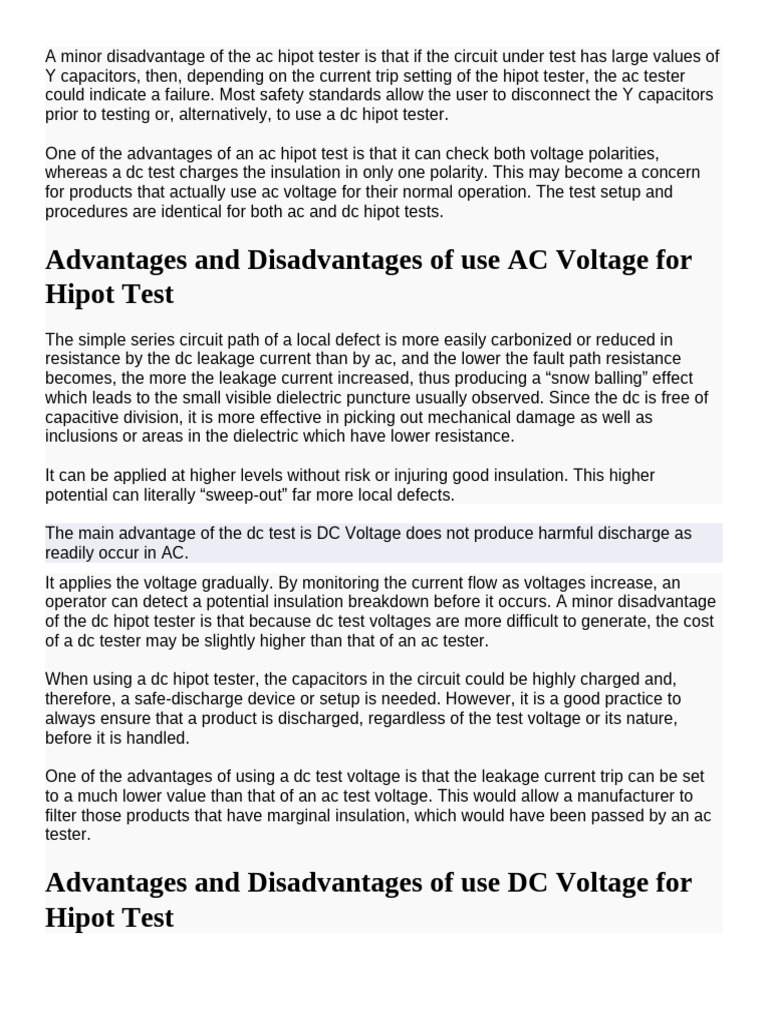 AC vs DC Hipot Testing: Pros and Cons | PDF | Capacitor | Direct Current