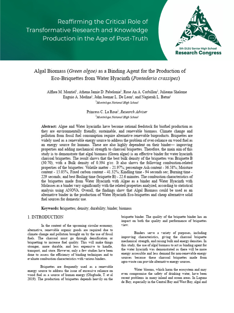 Algal Biomass as Binder for Eco-Briquettes | PDF | Charcoal | Algae Fuel