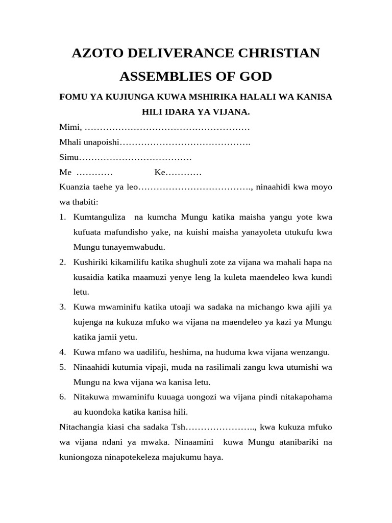 Fomu Ya Kujiunga Na Vijana. Azoto Deliverance Christian | PDF