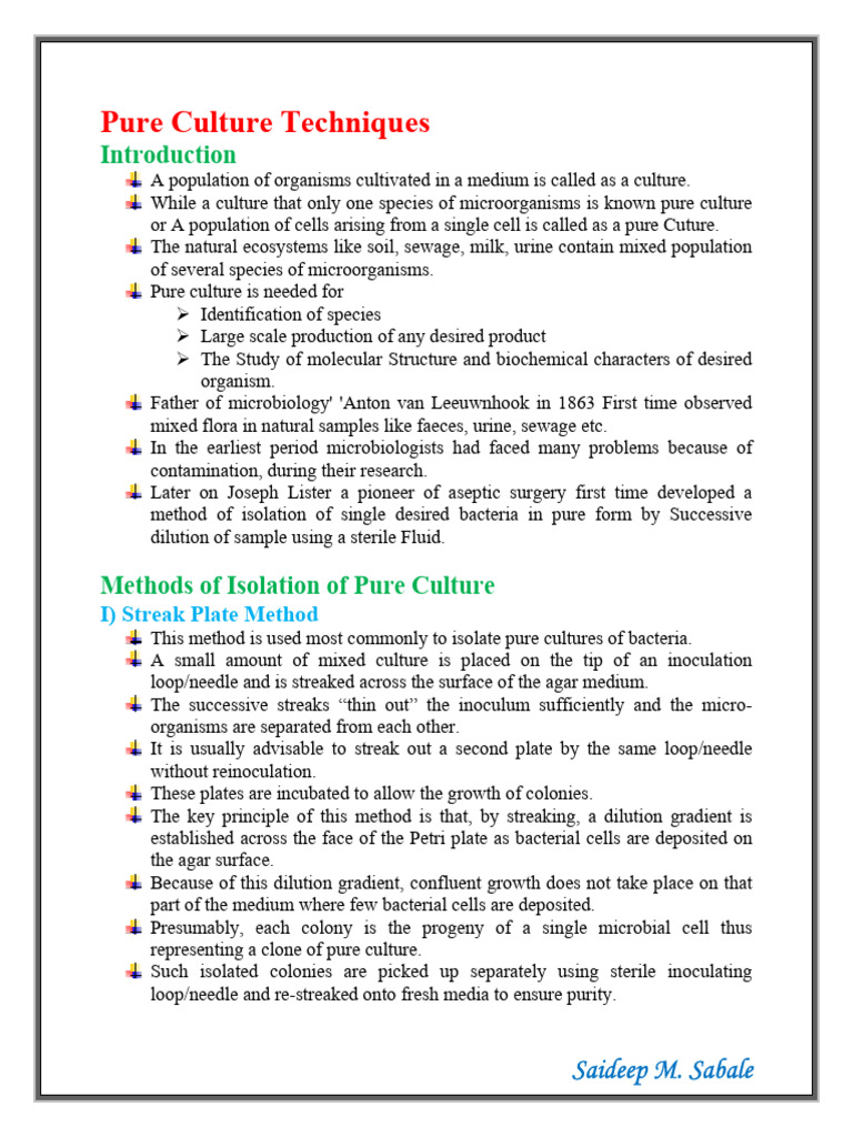 Pure Culture Techniques in Microbiology | PDF | Growth Medium | Biology