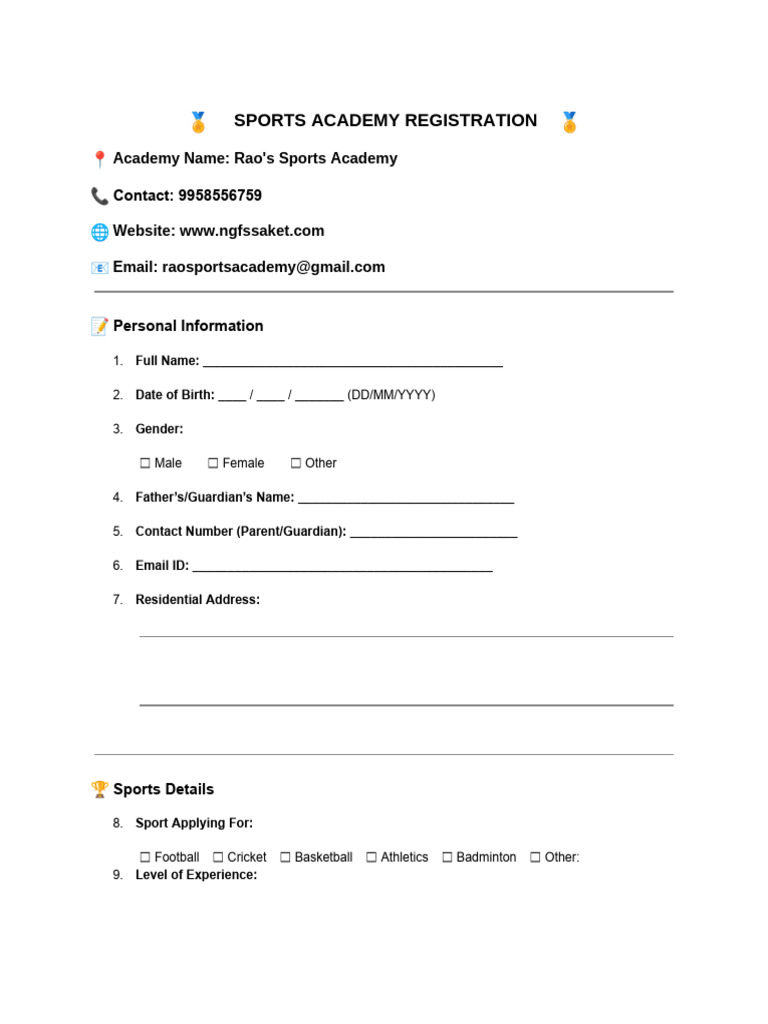 ? Sports Academy Registration For? | PDF