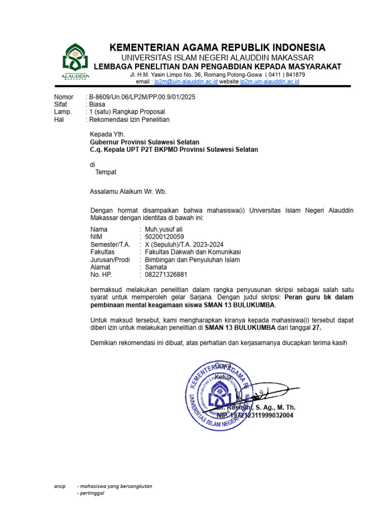 Surat Izin Penelitian Muh - Yusuf Ali | PDF