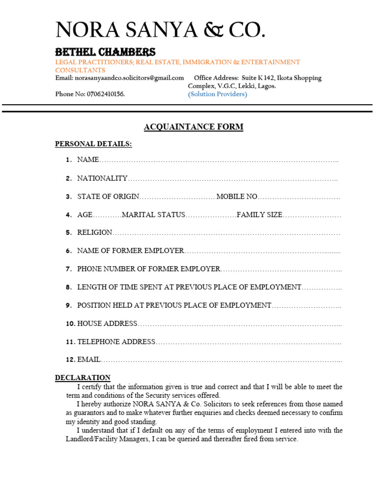 Acquaintance Form For Security Guard | PDF | Indemnity | Civil Law ...