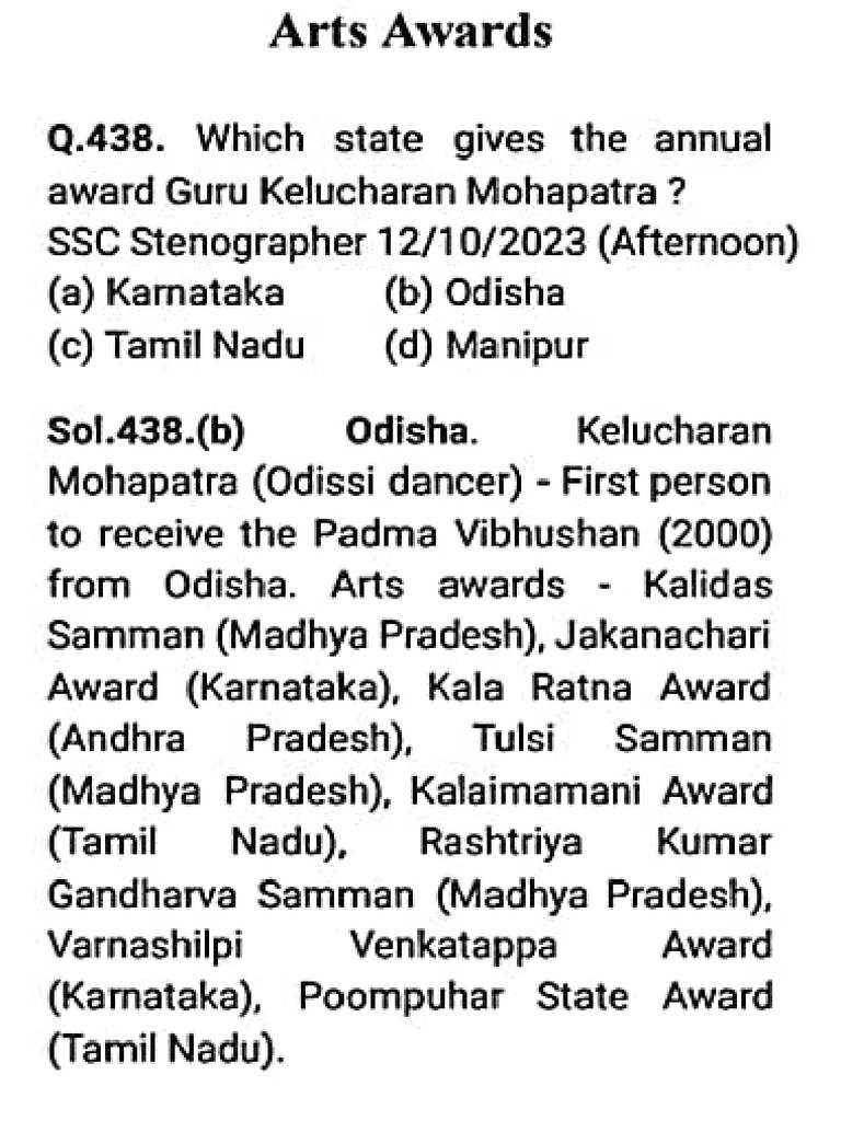 Arts Awards and Honors All Static GK Previous Year Questions PYQs | PDF