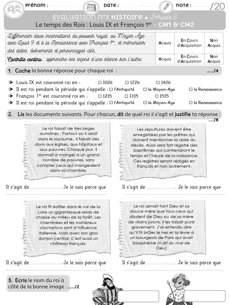 Évaluation CM1 : Louis IX et François Ier | PDF | Croisades