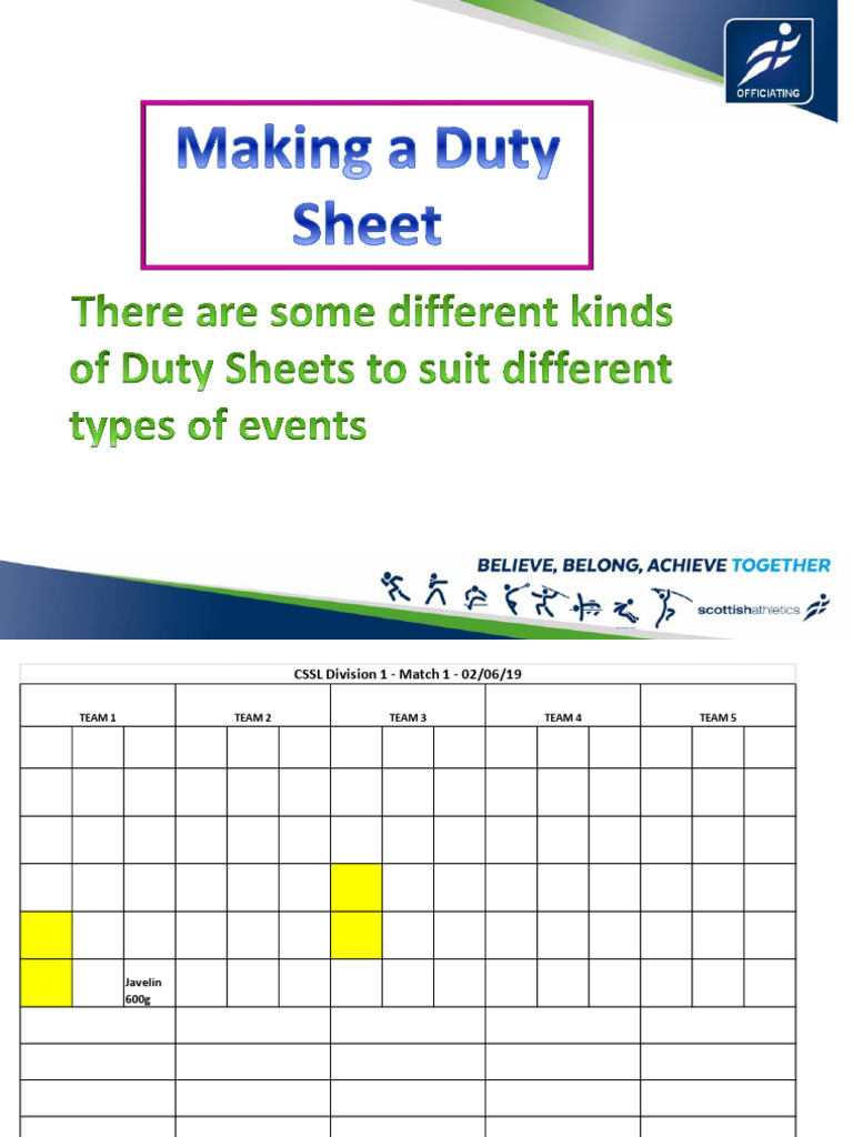 Presentation Field Making Duty Sheets | PDF | Track And Field | Games Of Physical Skill